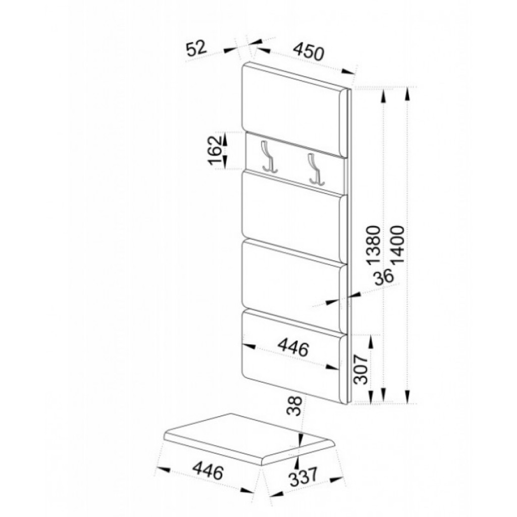 Тапицирано пано Mod 4078, със закачалки, Дъб артисан и Тапицерия в сиво ...